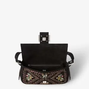 Fendi Baguette® 26424 Black Suede Bag With Embroidery
